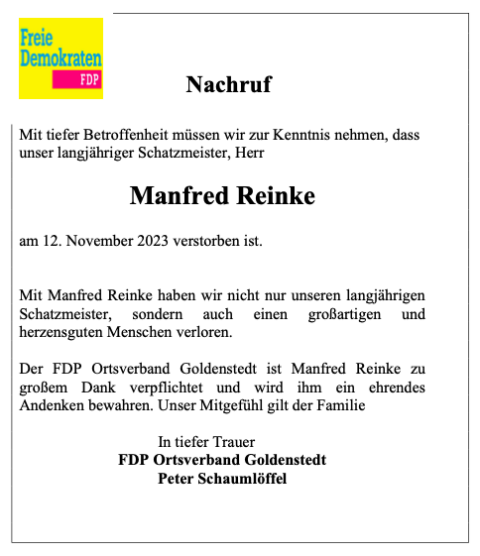 Nachruf Manfred Reinke - FDP Goldenstedt